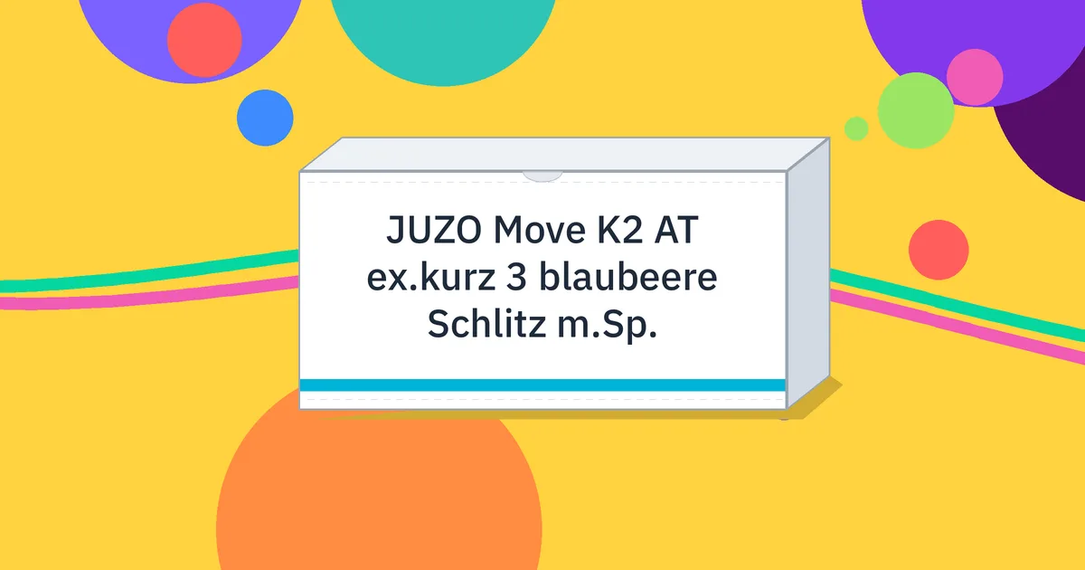 Symbolbild: Packung mit der Aufschrift JUZO Move K2 AT ex.kurz 3 blaubeere Schlitz m.Sp. (PZN 20671831) – Verfügbarkeit und Bezug in Apotheken in Frankfurt am Main