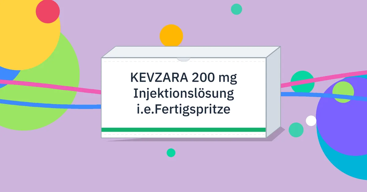 Symbolbild: Packung mit der Aufschrift KEVZARA 200 mg Injektionslösung i.e.Fertigspritze (PZN 13875906) – Verfügbarkeit und Bezug in Apotheken in Frankfurt am Main