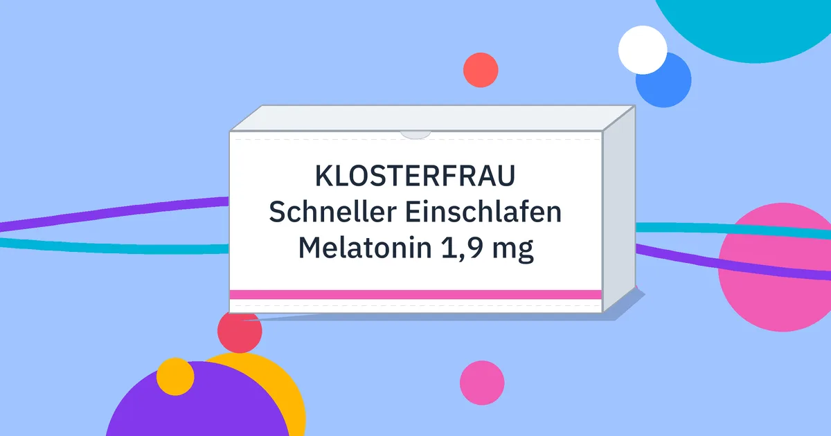 Symbolbild: Packung mit der Aufschrift KLOSTERFRAU Schneller Einschlafen Melatonin 1,9 mg (PZN 18423592) – Verfügbarkeit und Bezug in Apotheken in Frankfurt am Main