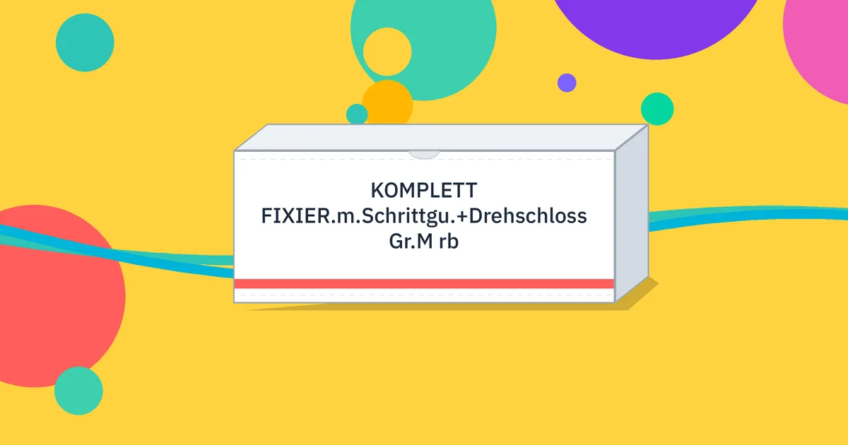 Symbolbild: Packung mit der Aufschrift KOMPLETT FIXIER.m.Schrittgu.+Drehschloss Gr.M rb (PZN 11573325) – Verfügbarkeit und Bezug in Apotheken in Frankfurt am Main