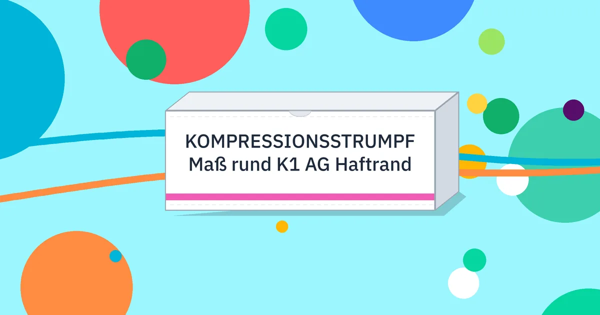 Symbolbild: Packung mit der Aufschrift KOMPRESSIONSSTRUMPF Maß rund K1 AG Haftrand (PZN 10011565) – Verfügbarkeit und Bezug in Apotheken in Frankfurt am Main