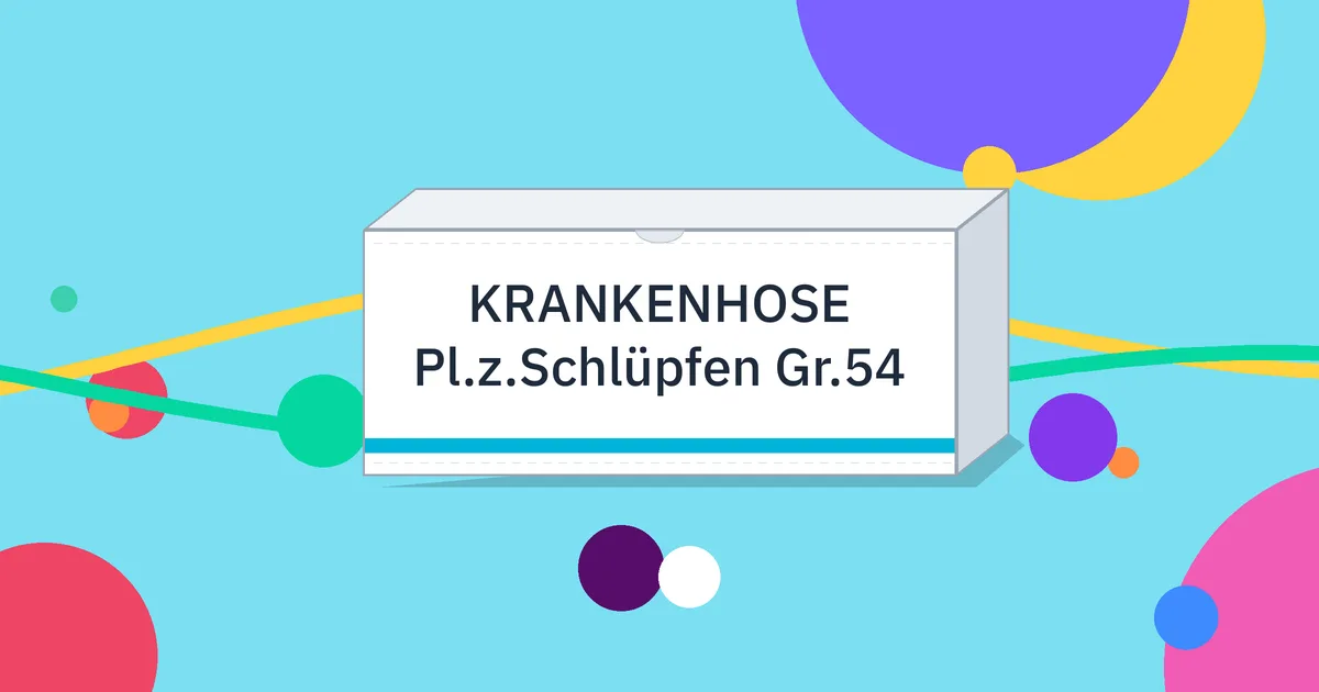 Symbolbild: Packung mit der Aufschrift KRANKENHOSE Pl.z.Schlüpfen Gr.54 (PZN 01979664) – Verfügbarkeit und Bezug in Apotheken in Frankfurt am Main