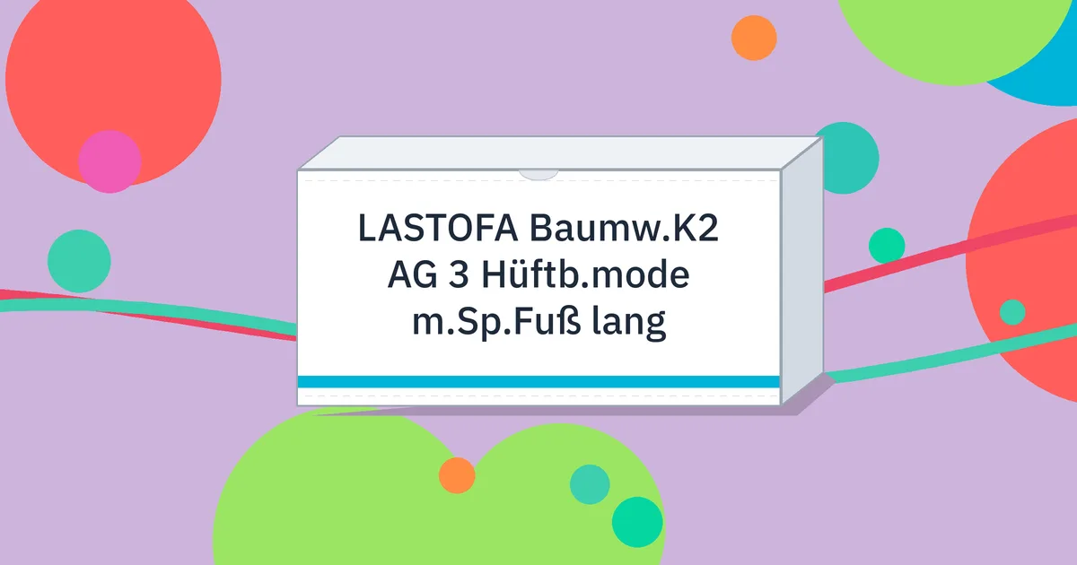 Symbolbild: Packung mit der Aufschrift LASTOFA Baumw.K2 AG 3 Hüftb.mode m.Sp.Fuß lang (PZN 01948698) – Verfügbarkeit und Bezug in Apotheken in Frankfurt am Main