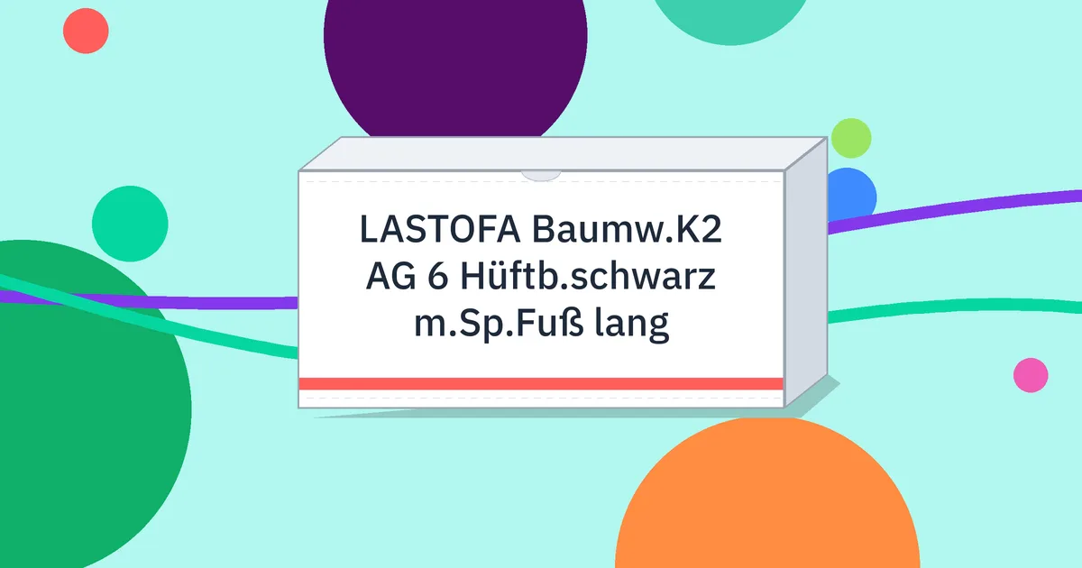 Symbolbild: Packung mit der Aufschrift LASTOFA Baumw.K2 AG 6 Hüftb.schwarz m.Sp.Fuß lang (PZN 01949290) – Verfügbarkeit und Bezug in Apotheken in Frankfurt am Main