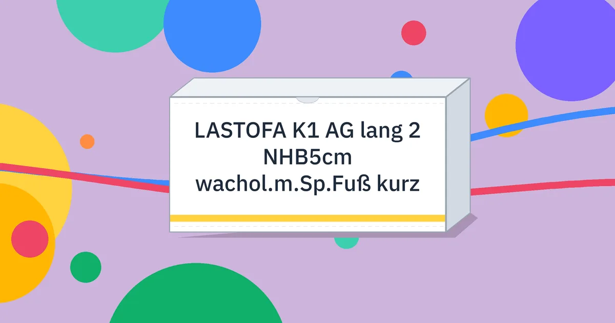 Symbolbild: Packung mit der Aufschrift LASTOFA K1 AG lang 2 NHB5cm wachol.m.Sp.Fuß kurz (PZN 13789897) – Verfügbarkeit und Bezug in Apotheken in Frankfurt am Main
