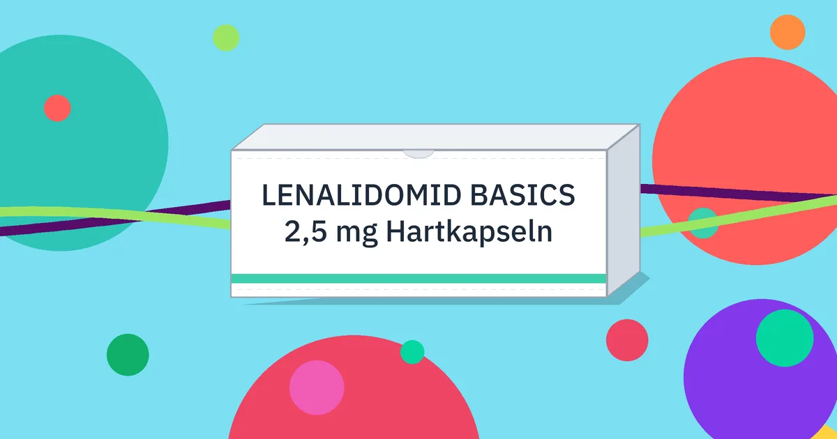 Symbolbild: Packung mit der Aufschrift LENALIDOMID BASICS 2,5 mg Hartkapseln (PZN 17816409) – Verfügbarkeit und Bezug in Apotheken in Frankfurt am Main