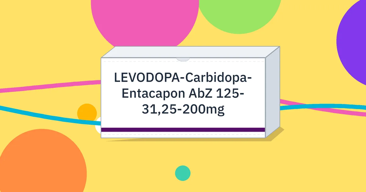 Symbolbild: Packung mit der Aufschrift LEVODOPA-Carbidopa-Entacapon AbZ 125-31,25-200mg (PZN 10712807) – Verfügbarkeit und Bezug in Apotheken in Frankfurt am Main