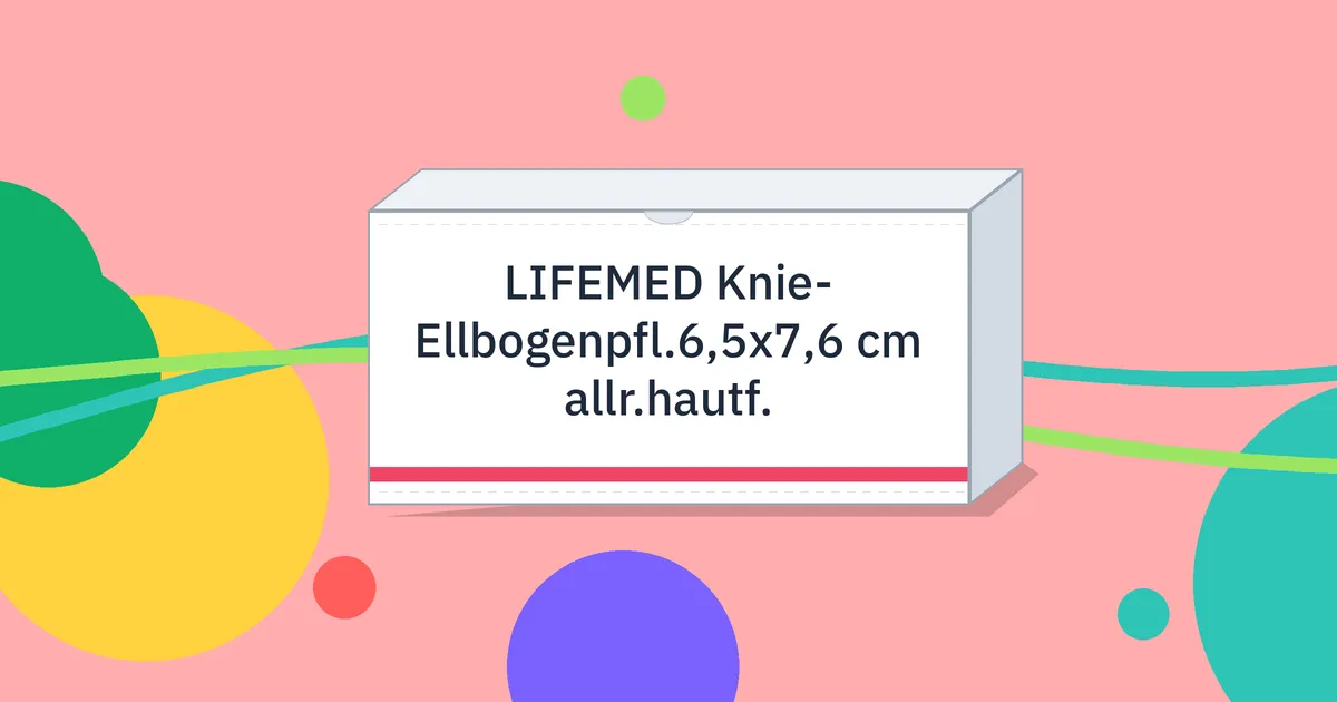 Symbolbild: Packung mit der Aufschrift LIFEMED Knie-Ellbogenpfl.6,5x7,6 cm allr.hautf. (PZN 18098028) – Verfügbarkeit und Bezug in Apotheken in Frankfurt am Main