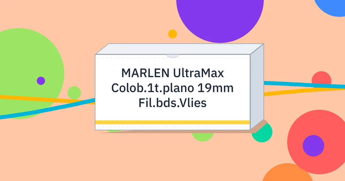 Symbolbild: Packung mit der Aufschrift MARLEN UltraMax Colob.1t.plano 19mm Fil.bds.Vlies (PZN 00625065) – Verfügbarkeit und Bezug in Apotheken in Frankfurt am Main
