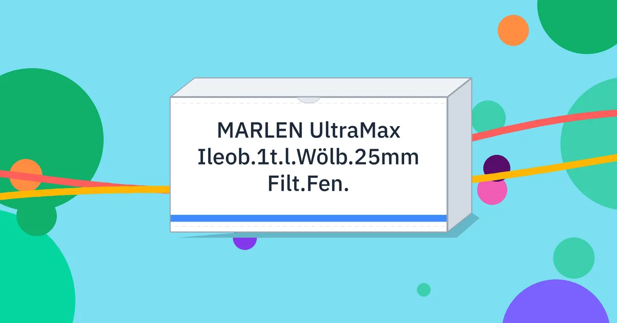 Symbolbild: Packung mit der Aufschrift MARLEN UltraMax Ileob.1t.l.Wölb.25mm Filt.Fen. (PZN 10741186) – Verfügbarkeit und Bezug in Apotheken in Frankfurt am Main