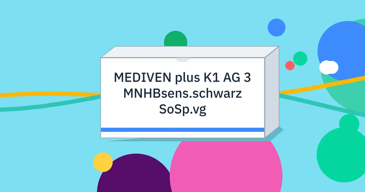 Symbolbild: Packung mit der Aufschrift MEDIVEN plus K1 AG 3 MNHBsens.schwarz SoSp.vg (PZN 16072639) – Verfügbarkeit und Bezug in Apotheken in Frankfurt am Main