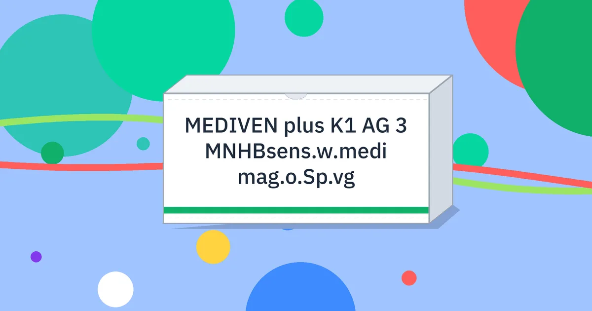 Symbolbild: Packung mit der Aufschrift MEDIVEN plus K1 AG 3 MNHBsens.w.medi mag.o.Sp.vg (PZN 15918749) – Verfügbarkeit und Bezug in Apotheken in Frankfurt am Main