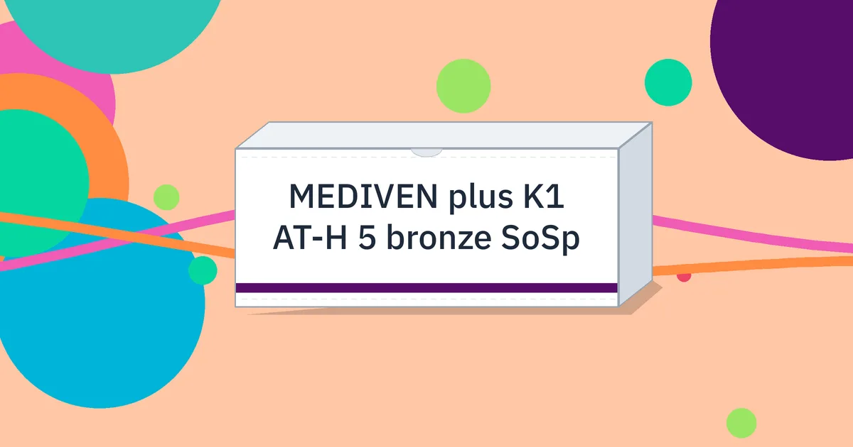 Symbolbild: Packung mit der Aufschrift MEDIVEN plus K1 AT-H 5 bronze SoSp (PZN 15036191) – Verfügbarkeit und Bezug in Apotheken in Frankfurt am Main