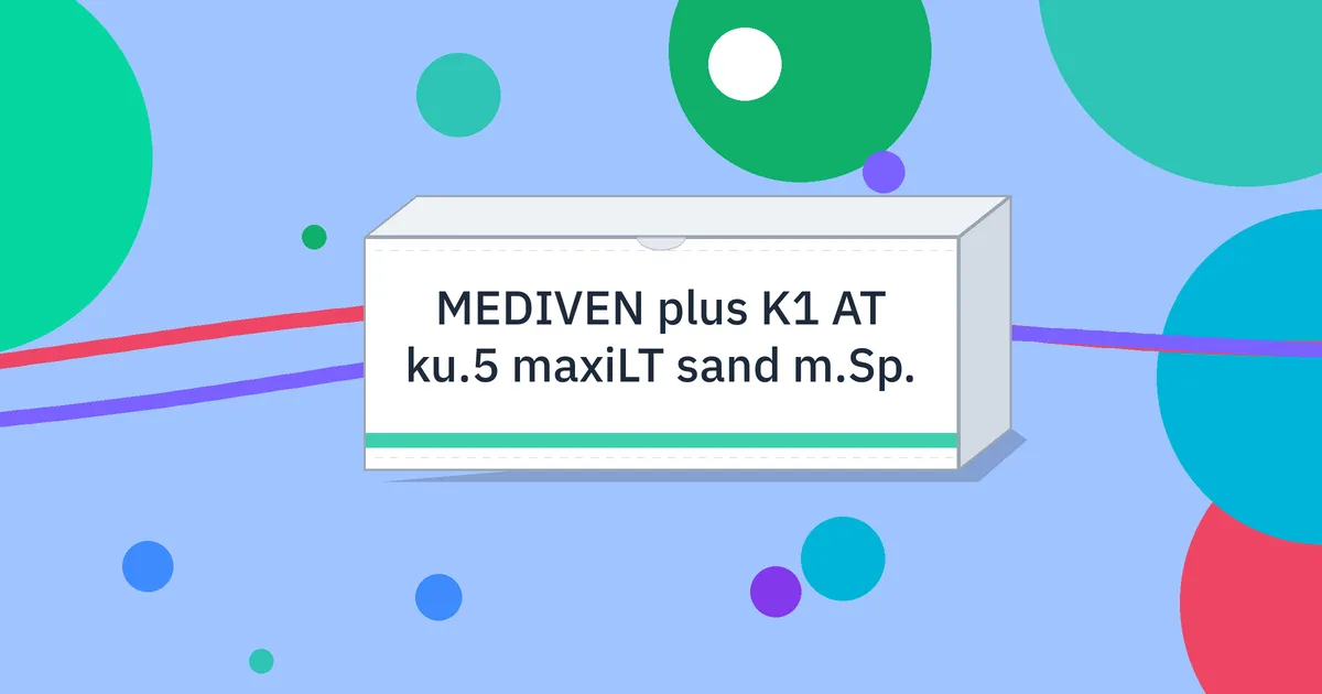 Symbolbild: Packung mit der Aufschrift MEDIVEN plus K1 AT ku.5 maxiLT sand m.Sp. (PZN 18942808) – Verfügbarkeit und Bezug in Apotheken in Frankfurt am Main