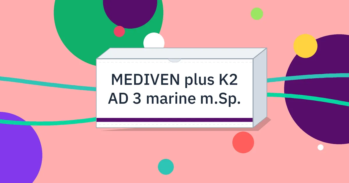 Symbolbild: Packung mit der Aufschrift MEDIVEN plus K2 AD 3 marine m.Sp. (PZN 15092456) – Verfügbarkeit und Bezug in Apotheken in Frankfurt am Main