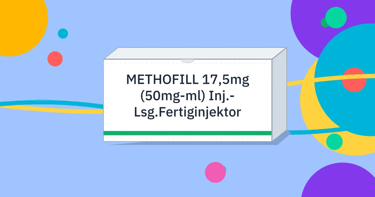 Symbolbild: Packung mit der Aufschrift METHOFILL 17,5mg (50mg-ml) Inj.-Lsg.Fertiginjektor (PZN 18660895) – Verfügbarkeit und Bezug in Apotheken in Frankfurt am Main