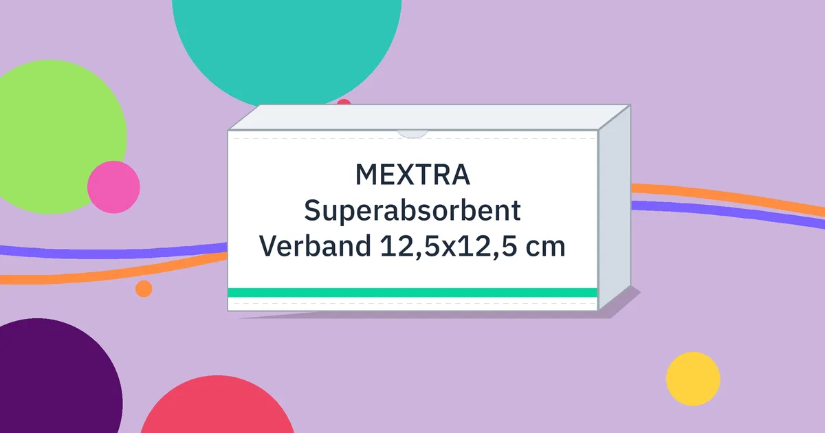 Symbolbild: Packung mit der Aufschrift MEXTRA Superabsorbent Verband 12,5x12,5 cm (PZN 17240783) – Verfügbarkeit und Bezug in Apotheken in Frankfurt am Main