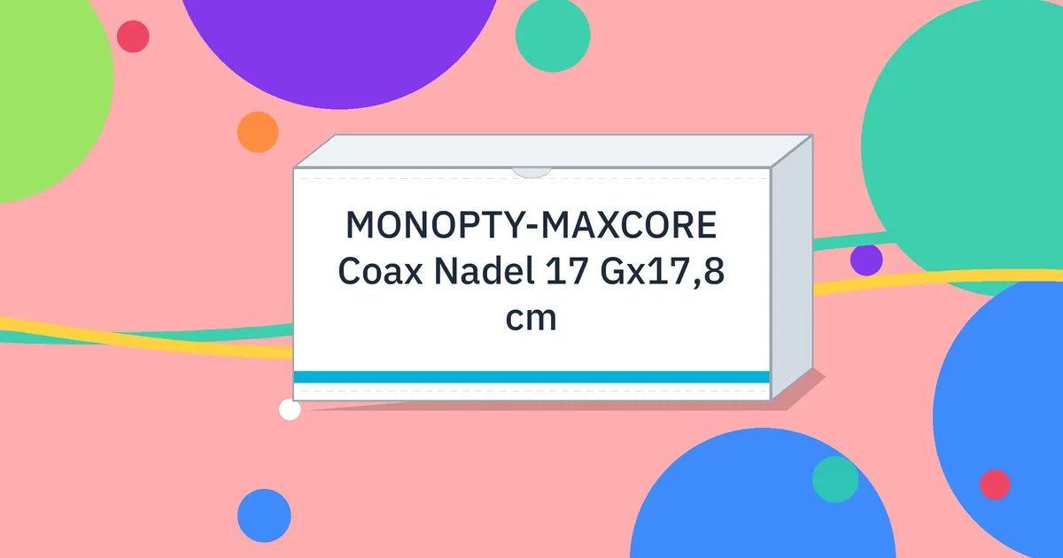 Symbolbild: Packung mit der Aufschrift MONOPTY-MAXCORE Coax Nadel 17 Gx17,8 cm (PZN 07780797) – Verfügbarkeit und Bezug in Apotheken in Frankfurt am Main