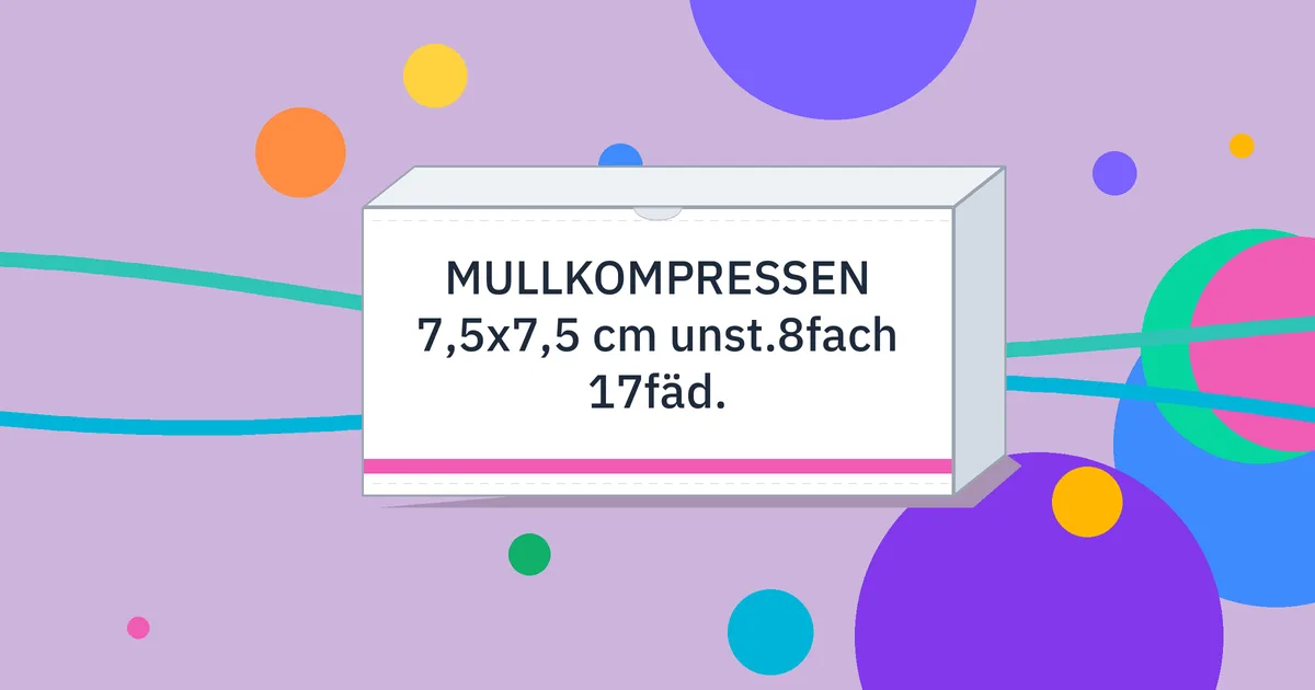 Symbolbild: Packung mit der Aufschrift MULLKOMPRESSEN 7,5x7,5 cm unst.8fach 17fäd. (PZN 06928447) – Verfügbarkeit und Bezug in Apotheken in Frankfurt am Main