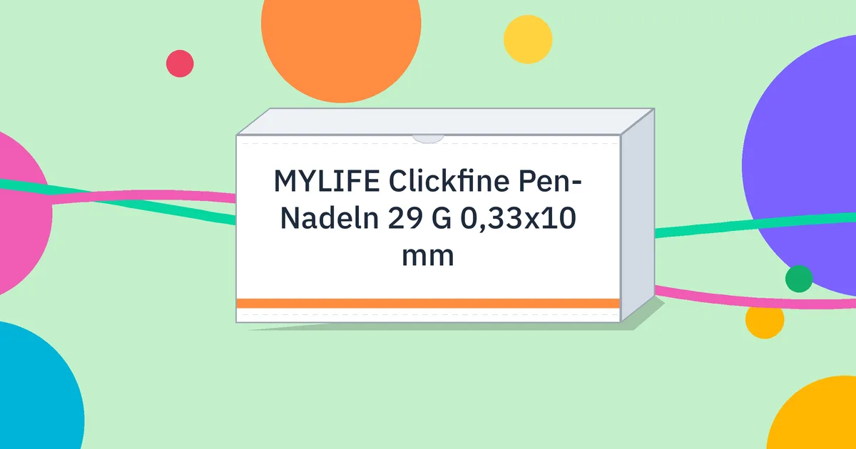 Symbolbild: Packung mit der Aufschrift MYLIFE Clickfine Pen-Nadeln 29 G 0,33x10 mm (PZN 04705341) – Verfügbarkeit und Bezug in Apotheken in Frankfurt am Main