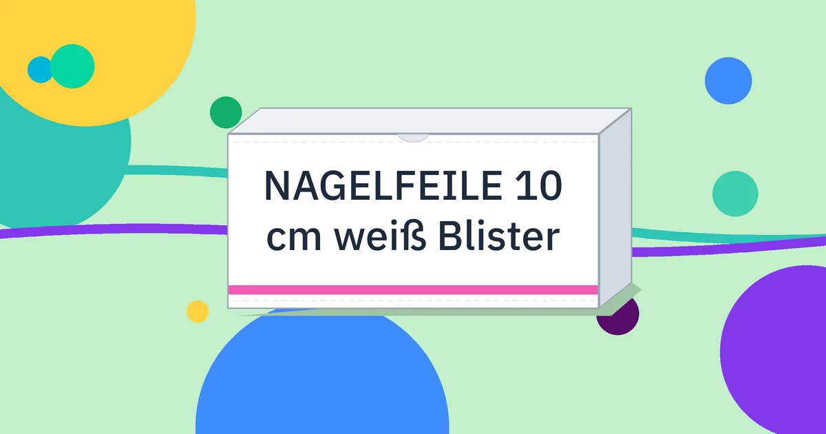 Symbolbild: Packung mit der Aufschrift NAGELFEILE 10 cm weiß Blister (PZN 10349270) – Verfügbarkeit und Bezug in Apotheken in Frankfurt am Main
