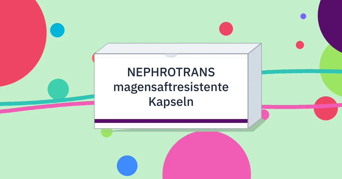 Symbolbild: Packung mit der Aufschrift NEPHROTRANS magensaftresistente Kapseln (PZN 04921197) – Verfügbarkeit und Bezug in Apotheken in Frankfurt am Main