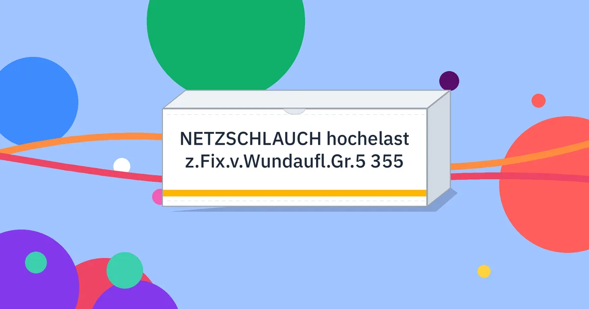 Symbolbild: Packung mit der Aufschrift NETZSCHLAUCH hochelast z.Fix.v.Wundaufl.Gr.5 355 (PZN 04303766) – Verfügbarkeit und Bezug in Apotheken in Frankfurt am Main