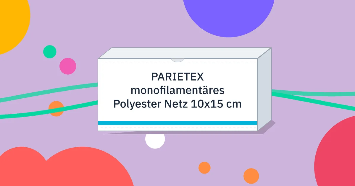 Symbolbild: Packung mit der Aufschrift PARIETEX monofilamentäres Polyester Netz 10x15 cm (PZN 07602883) – Verfügbarkeit und Bezug in Apotheken in Frankfurt am Main