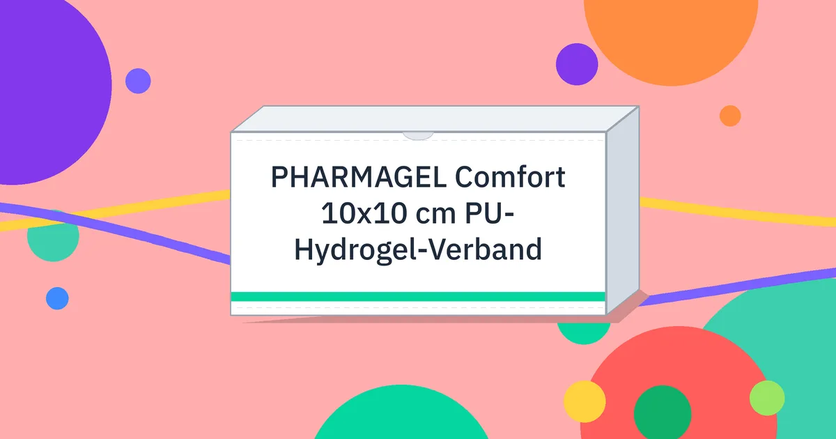 Symbolbild: Packung mit der Aufschrift PHARMAGEL Comfort 10x10 cm PU-Hydrogel-Verband (PZN 17468026) – Verfügbarkeit und Bezug in Apotheken in Frankfurt am Main