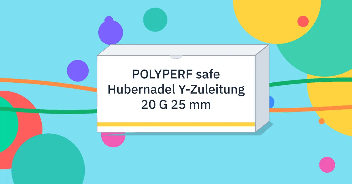 Symbolbild: Packung mit der Aufschrift POLYPERF safe Hubernadel Y-Zuleitung 20 G 25 mm (PZN 18114052) – Verfügbarkeit und Bezug in Apotheken in Frankfurt am Main