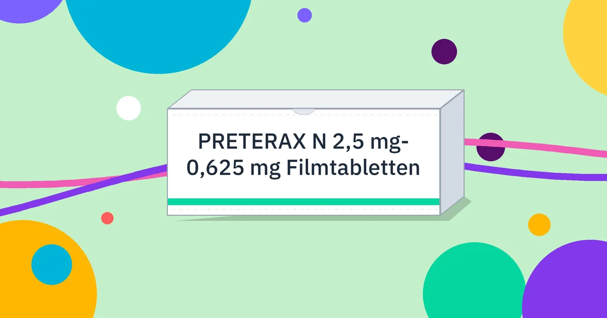 Symbolbild: Packung mit der Aufschrift PRETERAX N 2,5 mg-0,625 mg Filmtabletten (PZN 12729172) – Verfügbarkeit und Bezug in Apotheken in Frankfurt am Main
