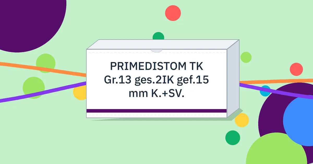 Symbolbild: Packung mit der Aufschrift PRIMEDISTOM TK Gr.13 ges.2IK gef.15 mm K.+SV. (PZN 10928306) – Verfügbarkeit und Bezug in Apotheken in Frankfurt am Main