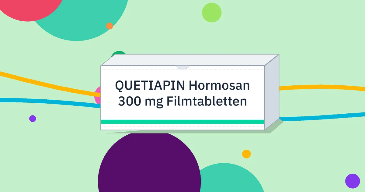 Symbolbild: Packung mit der Aufschrift QUETIAPIN Hormosan 300 mg Filmtabletten (PZN 09294606) – Verfügbarkeit und Bezug in Apotheken in Frankfurt am Main