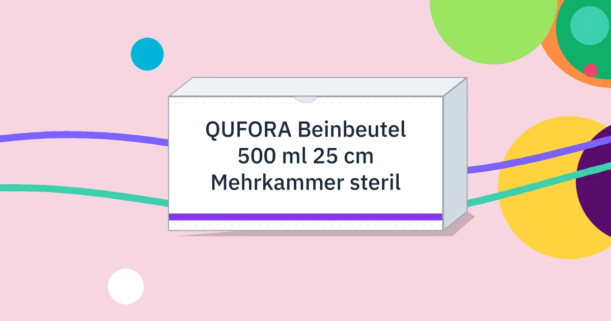 Symbolbild: Packung mit der Aufschrift QUFORA Beinbeutel 500 ml 25 cm Mehrkammer steril (PZN 02292946) – Verfügbarkeit und Bezug in Apotheken in Frankfurt am Main