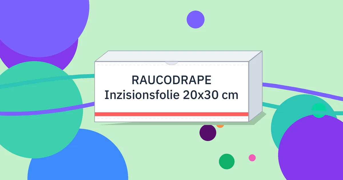 Symbolbild: Packung mit der Aufschrift RAUCODRAPE Inzisionsfolie 20x30 cm (PZN 18134296) – Verfügbarkeit und Bezug in Apotheken in Frankfurt am Main