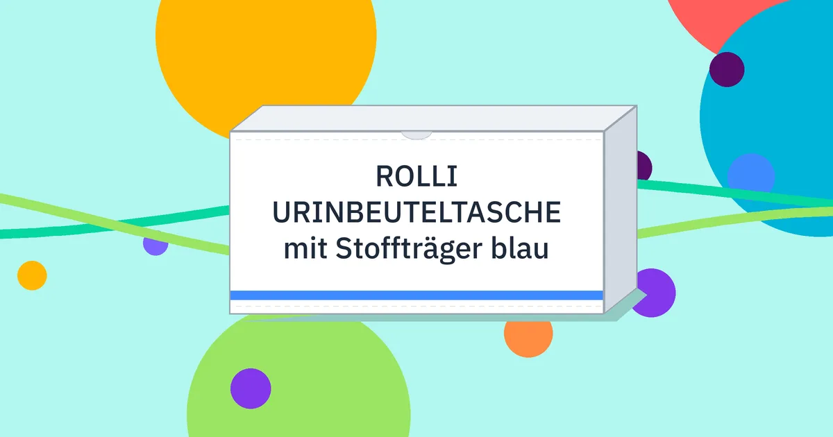Symbolbild: Packung mit der Aufschrift ROLLI URINBEUTELTASCHE mit Stoffträger blau (PZN 11599359) – Verfügbarkeit und Bezug in Apotheken in Frankfurt am Main