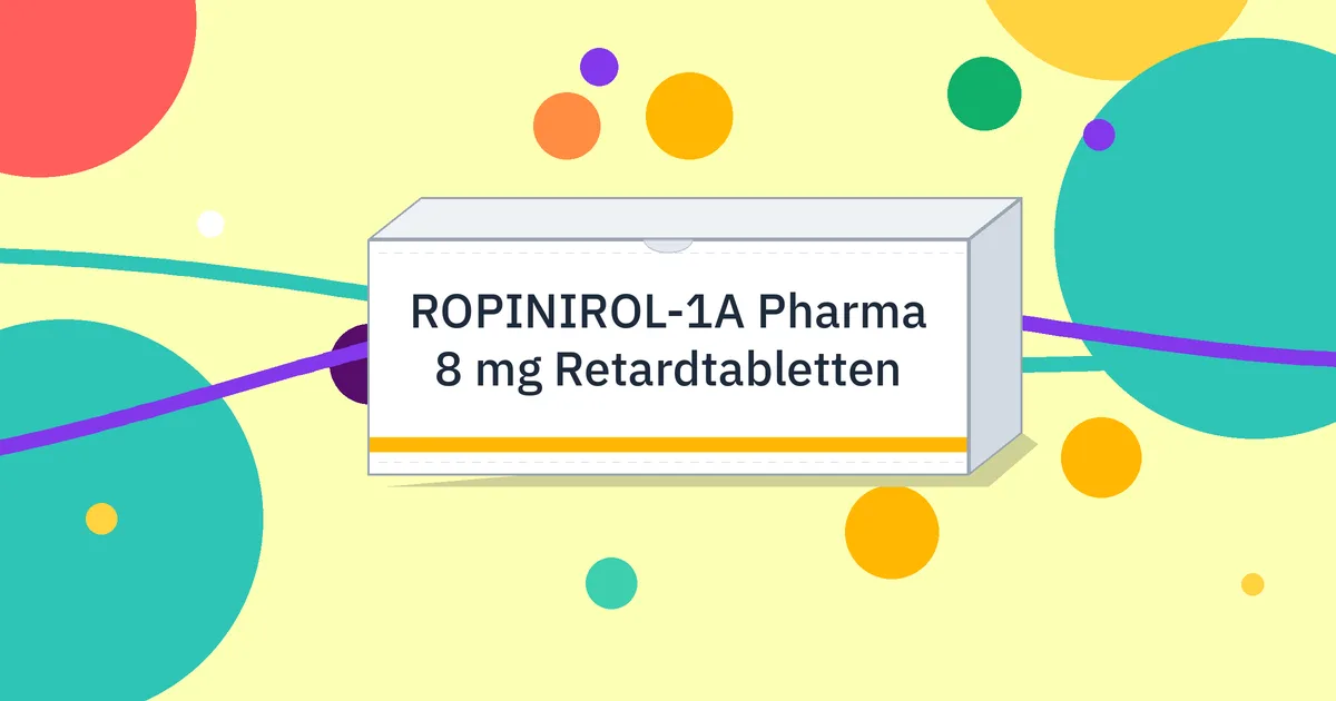 Symbolbild: Packung mit der Aufschrift ROPINIROL-1A Pharma 8 mg Retardtabletten (PZN 09080710) – Verfügbarkeit und Bezug in Apotheken in Frankfurt am Main