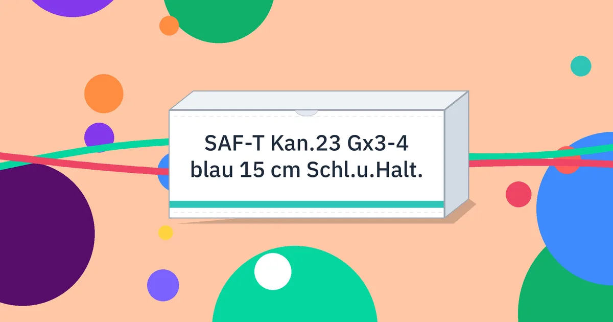 Symbolbild: Packung mit der Aufschrift SAF-T Kan.23 Gx3-4 blau 15 cm Schl.u.Halt. (PZN 00879682) – Verfügbarkeit und Bezug in Apotheken in Frankfurt am Main