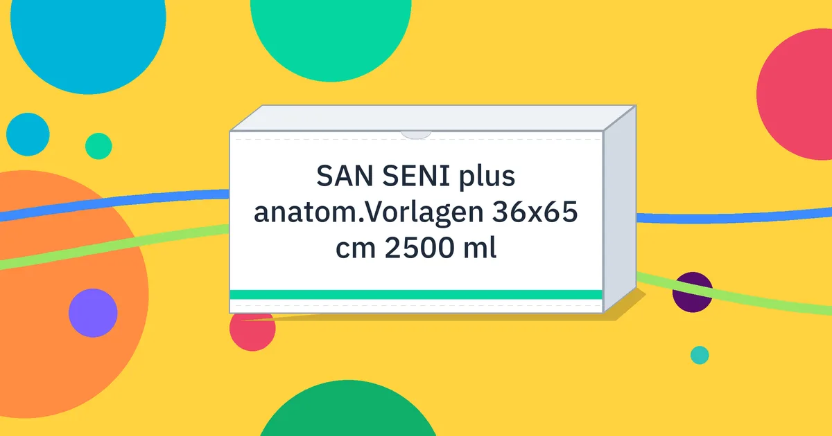 Symbolbild: Packung mit der Aufschrift SAN SENI plus anatom.Vorlagen 36x65 cm 2500 ml (PZN 12393246) – Verfügbarkeit und Bezug in Apotheken in Frankfurt am Main