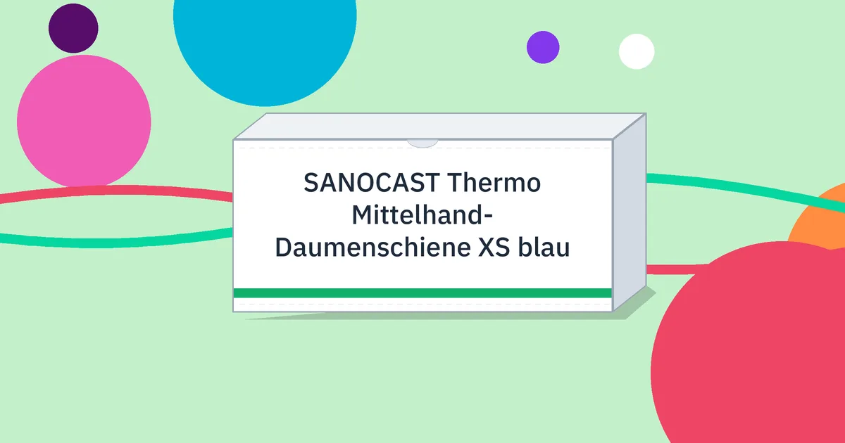 Symbolbild: Packung mit der Aufschrift SANOCAST Thermo Mittelhand-Daumenschiene XS blau (PZN 15259726) – Verfügbarkeit und Bezug in Apotheken in Frankfurt am Main