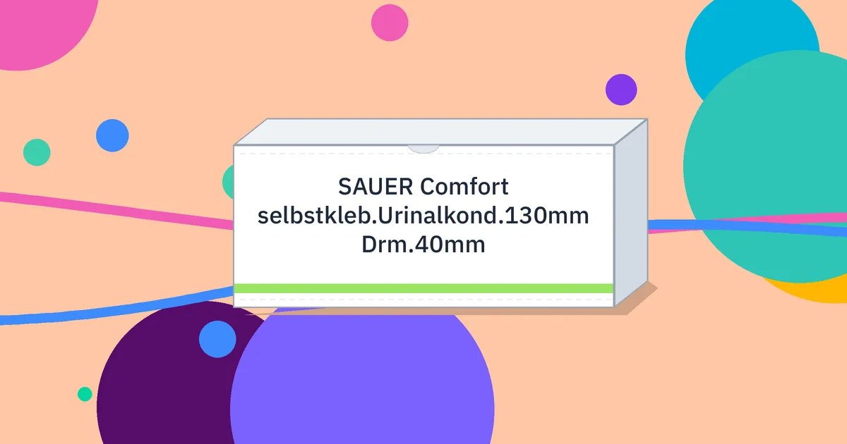 Symbolbild: Packung mit der Aufschrift SAUER Comfort selbstkleb.Urinalkond.130mm Drm.40mm (PZN 00464277) – Verfügbarkeit und Bezug in Apotheken in Frankfurt am Main