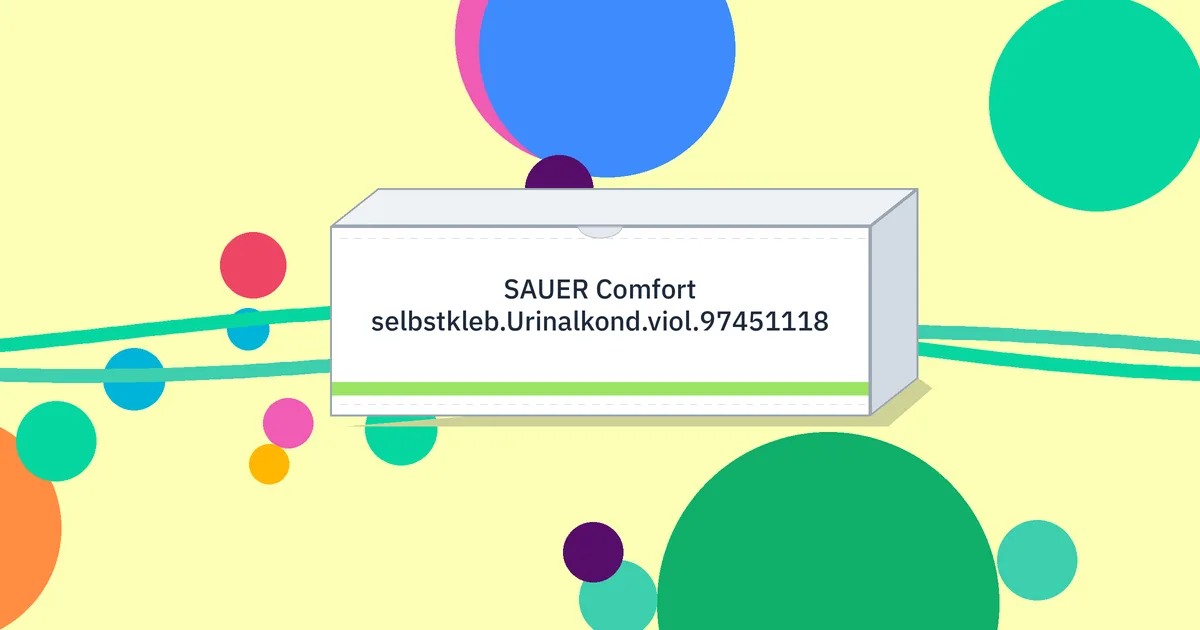 Symbolbild: Packung mit der Aufschrift SAUER Comfort selbstkleb.Urinalkond.viol.97451118 (PZN 11054619) – Verfügbarkeit und Bezug in Apotheken in Frankfurt am Main