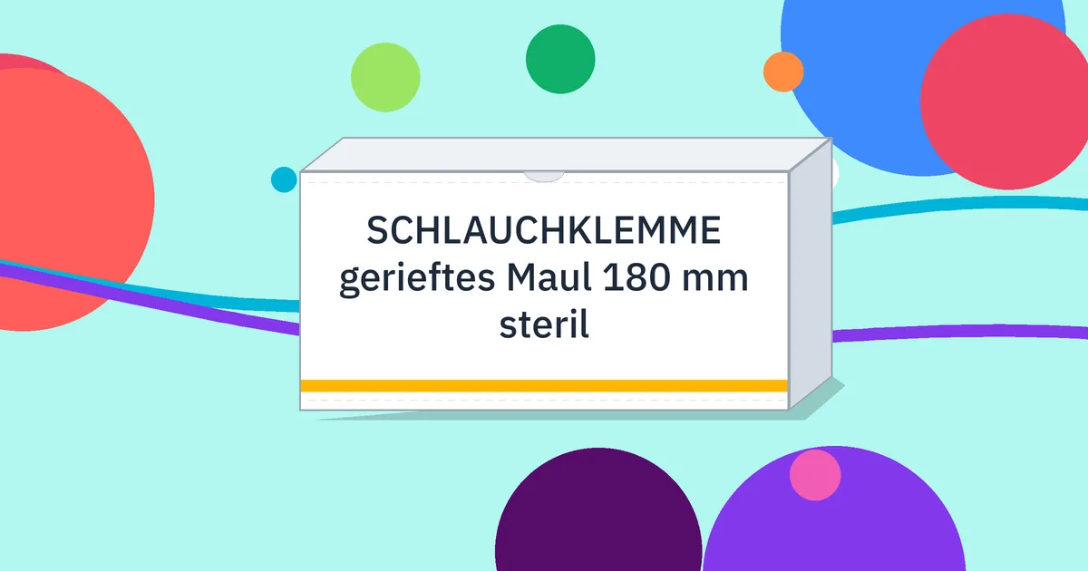 Symbolbild: Packung mit der Aufschrift SCHLAUCHKLEMME gerieftes Maul 180 mm steril (PZN 19977938) – Verfügbarkeit und Bezug in Apotheken in Frankfurt am Main