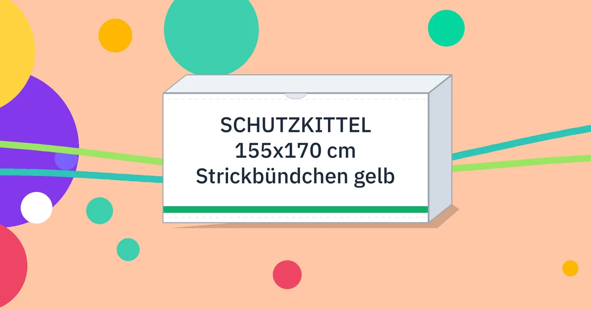 Symbolbild: Packung mit der Aufschrift SCHUTZKITTEL 155x170 cm Strickbündchen gelb (PZN 17379512) – Verfügbarkeit und Bezug in Apotheken in Frankfurt am Main
