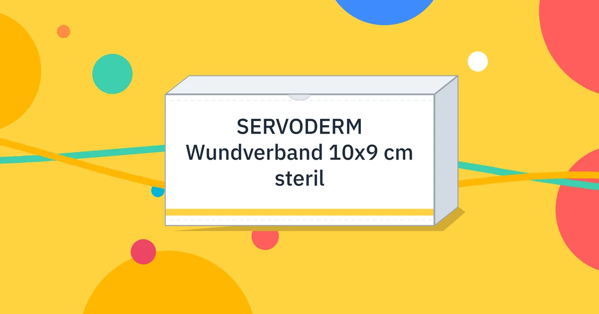 Symbolbild: Packung mit der Aufschrift SERVODERM Wundverband 10x9 cm steril (PZN 10831587) – Verfügbarkeit und Bezug in Apotheken in Frankfurt am Main