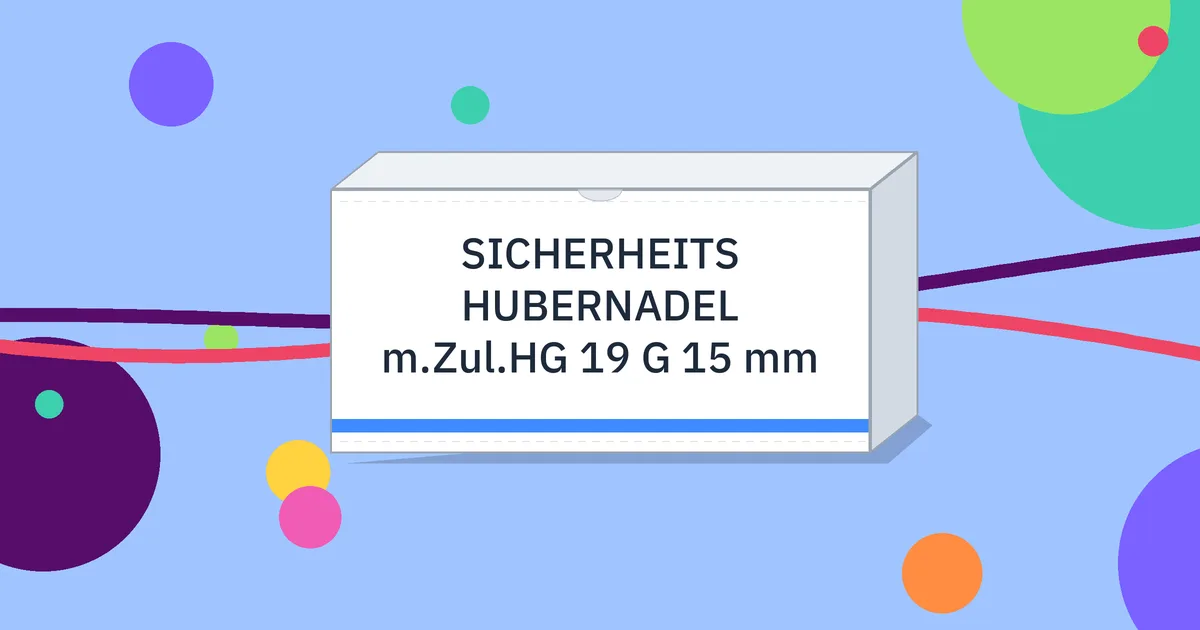 Symbolbild: Packung mit der Aufschrift SICHERHEITS HUBERNADEL m.Zul.HG 19 G 15 mm (PZN 12340528) – Verfügbarkeit und Bezug in Apotheken in Frankfurt am Main