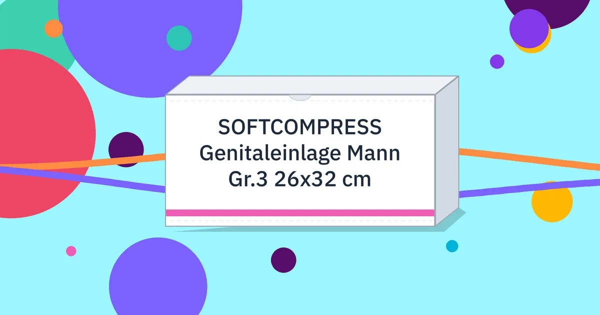 Symbolbild: Packung mit der Aufschrift SOFTCOMPRESS Genitaleinlage Mann Gr.3 26x32 cm (PZN 13505960) – Verfügbarkeit und Bezug in Apotheken in Frankfurt am Main