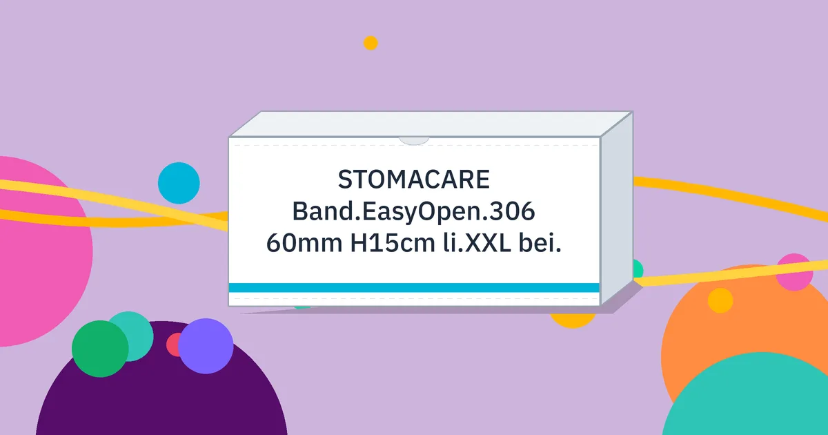Symbolbild: Packung mit der Aufschrift STOMACARE Band.EasyOpen.306 60mm H15cm li.XXL bei. (PZN 07665671) – Verfügbarkeit und Bezug in Apotheken in Frankfurt am Main