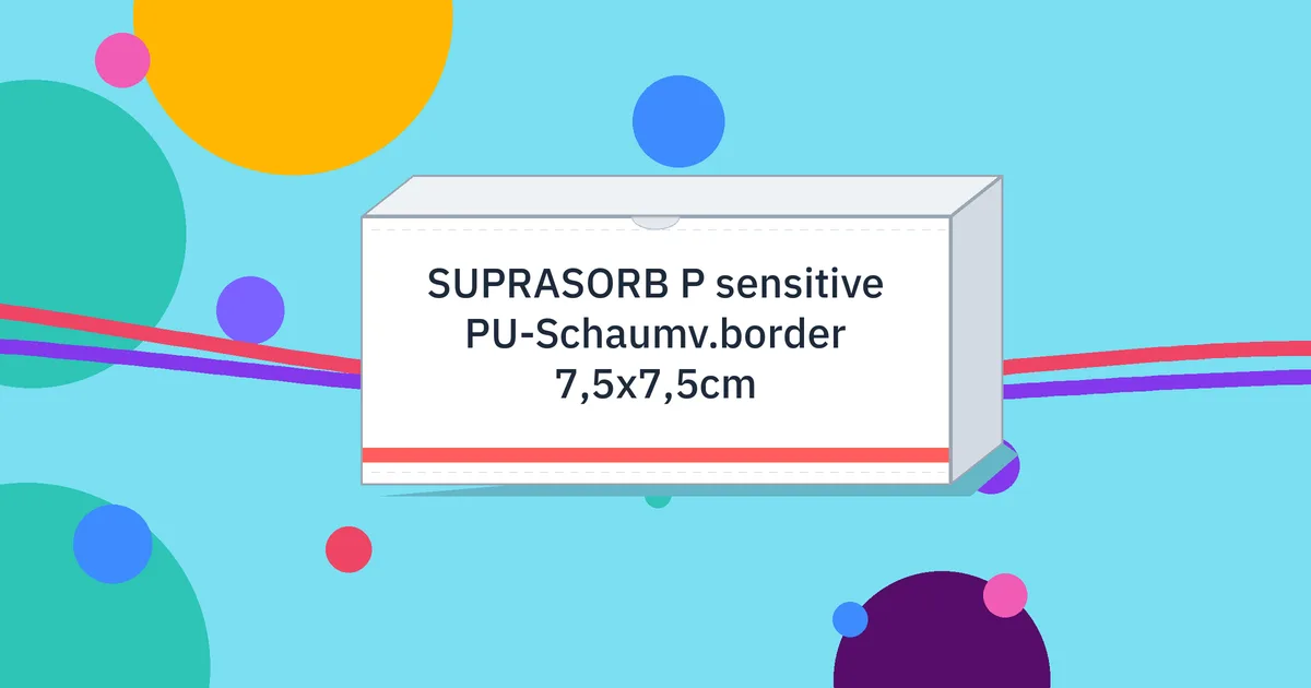 Symbolbild: Packung mit der Aufschrift SUPRASORB P sensitive PU-Schaumv.border 7,5x7,5cm (PZN 18658875) – Verfügbarkeit und Bezug in Apotheken in Frankfurt am Main