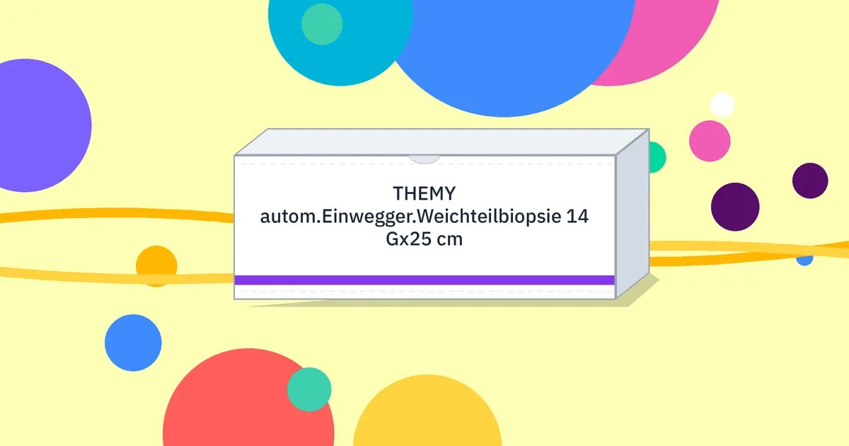 Symbolbild: Packung mit der Aufschrift THEMY autom.Einwegger.Weichteilbiopsie 14 Gx25 cm (PZN 19737329) – Verfügbarkeit und Bezug in Apotheken in Frankfurt am Main